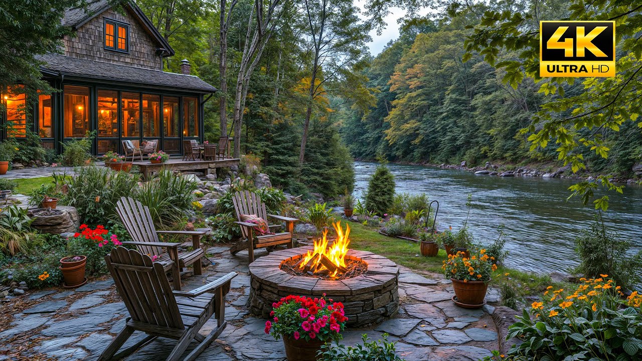 Cozy Spring Ambience: Cottage by the River with Gentle Campfire and ...