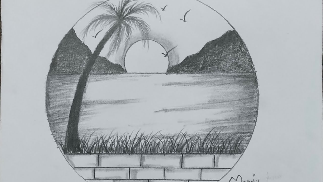 sunset scenery pencil sketch drawing in a circle || sunset drawing step ...