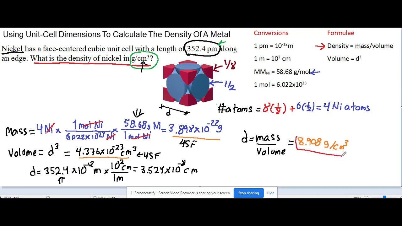 Using Unit Cell Dimension to Calculate Density of Metal - YouTube