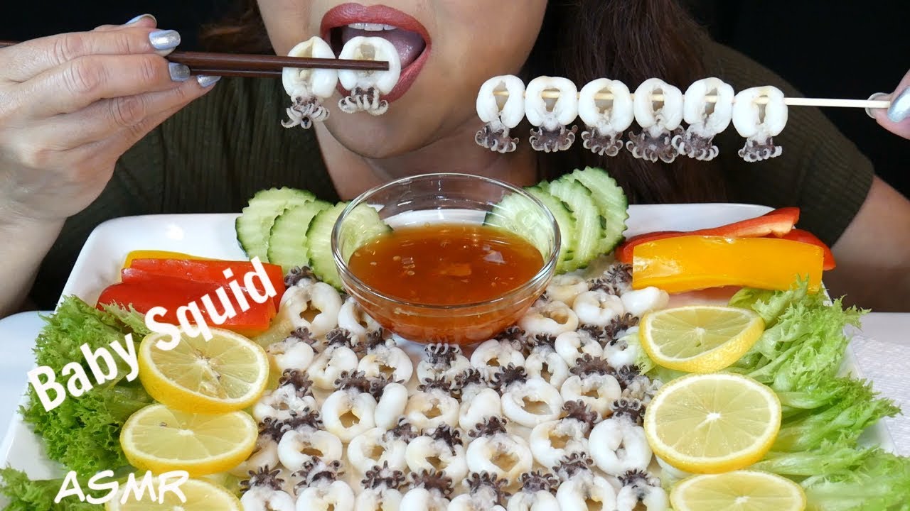 ASMR BABY SQUID 아기 오징어 mực con (Eating Sounds) HUNGRYBEE ASMR - YouTube