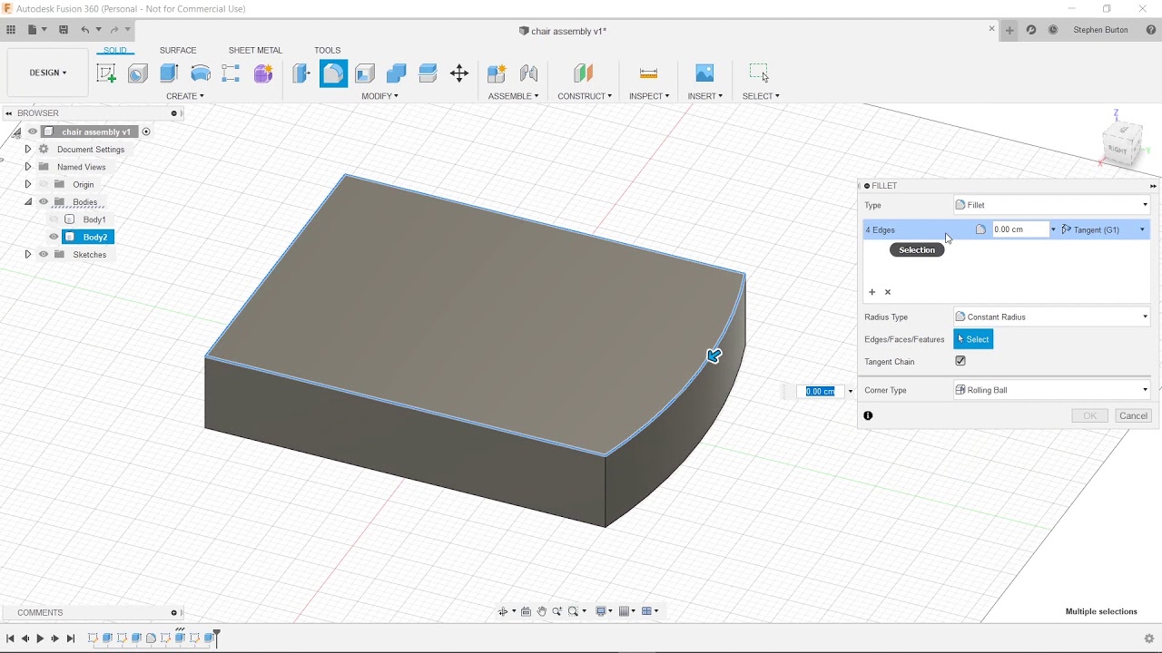 How to make the seat of the chair in Fusion 360 - YouTube