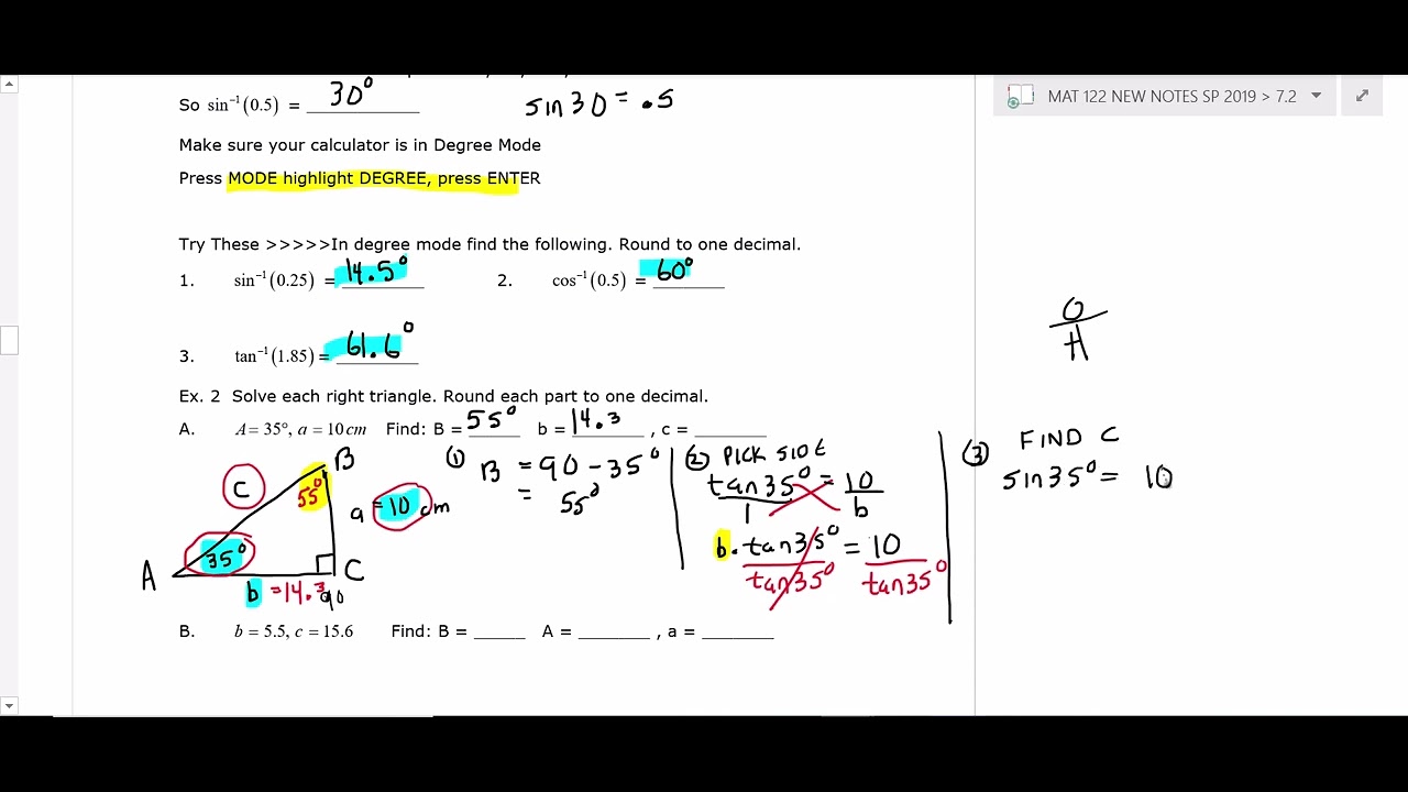 MAT 1440 PRe-Calculus Section 7.2 part 2 solving right triangles - YouTube