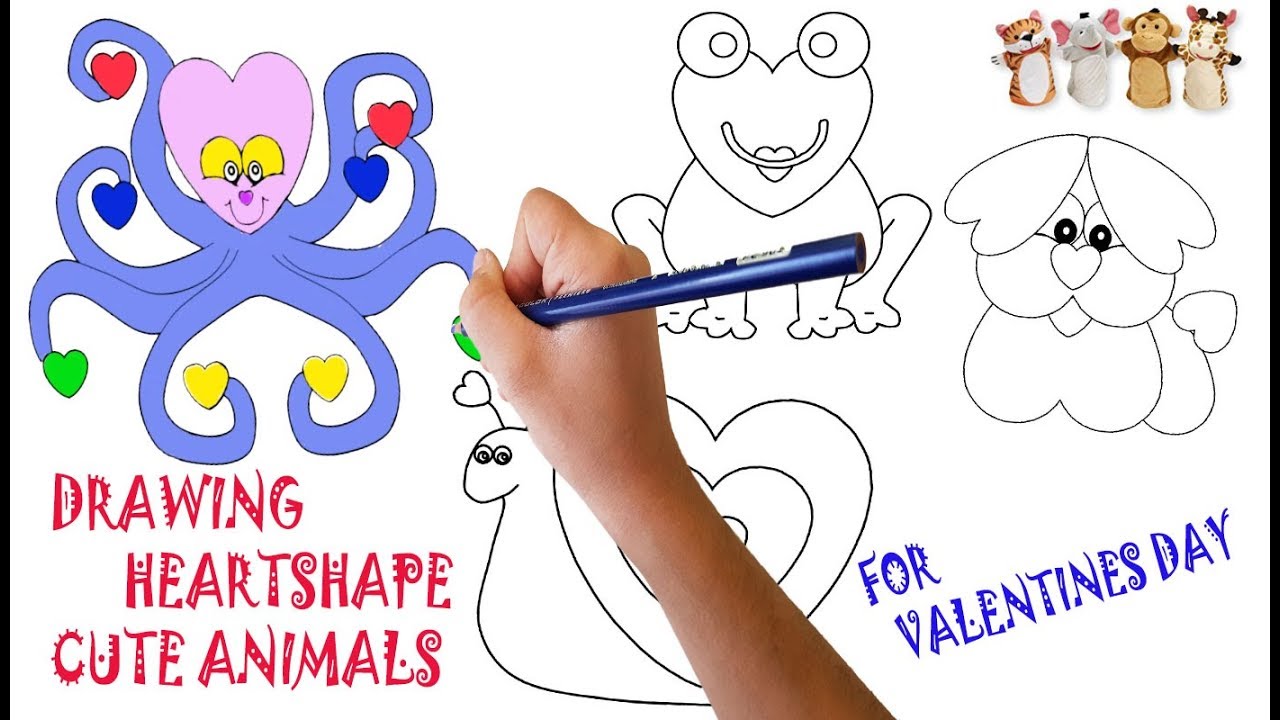 Drawing and coloring colorful heart shaped animals for kids toddlers ...