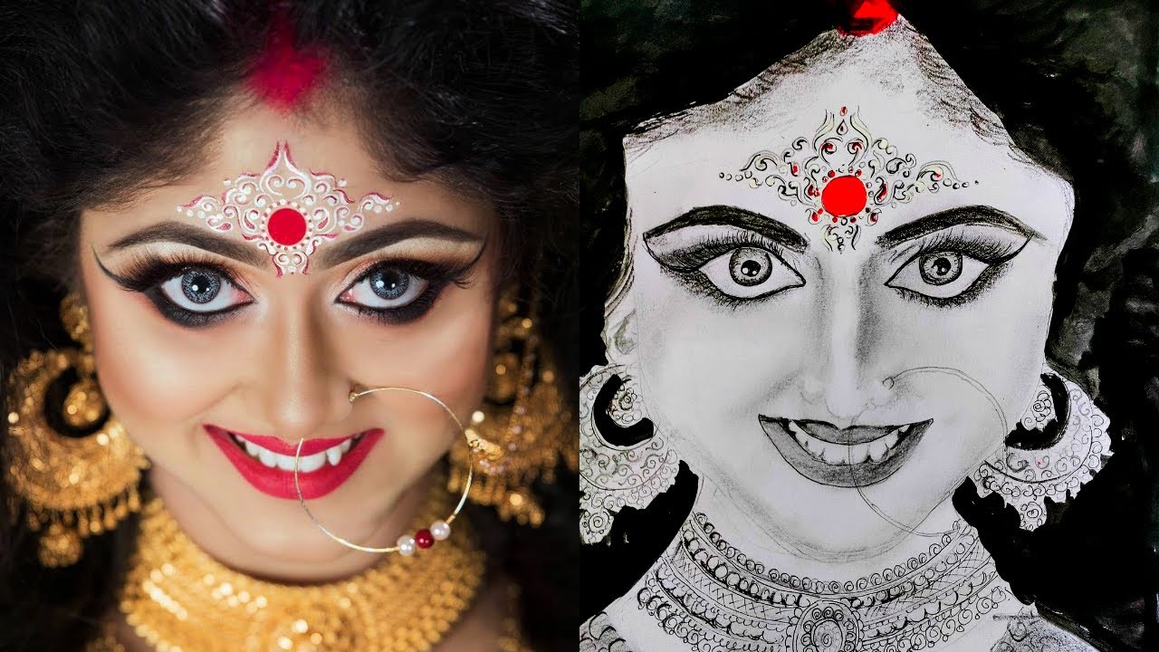 Durga Mata Beautiful Smiling Drawing | Susmita Dey Durga Mata Painting ...