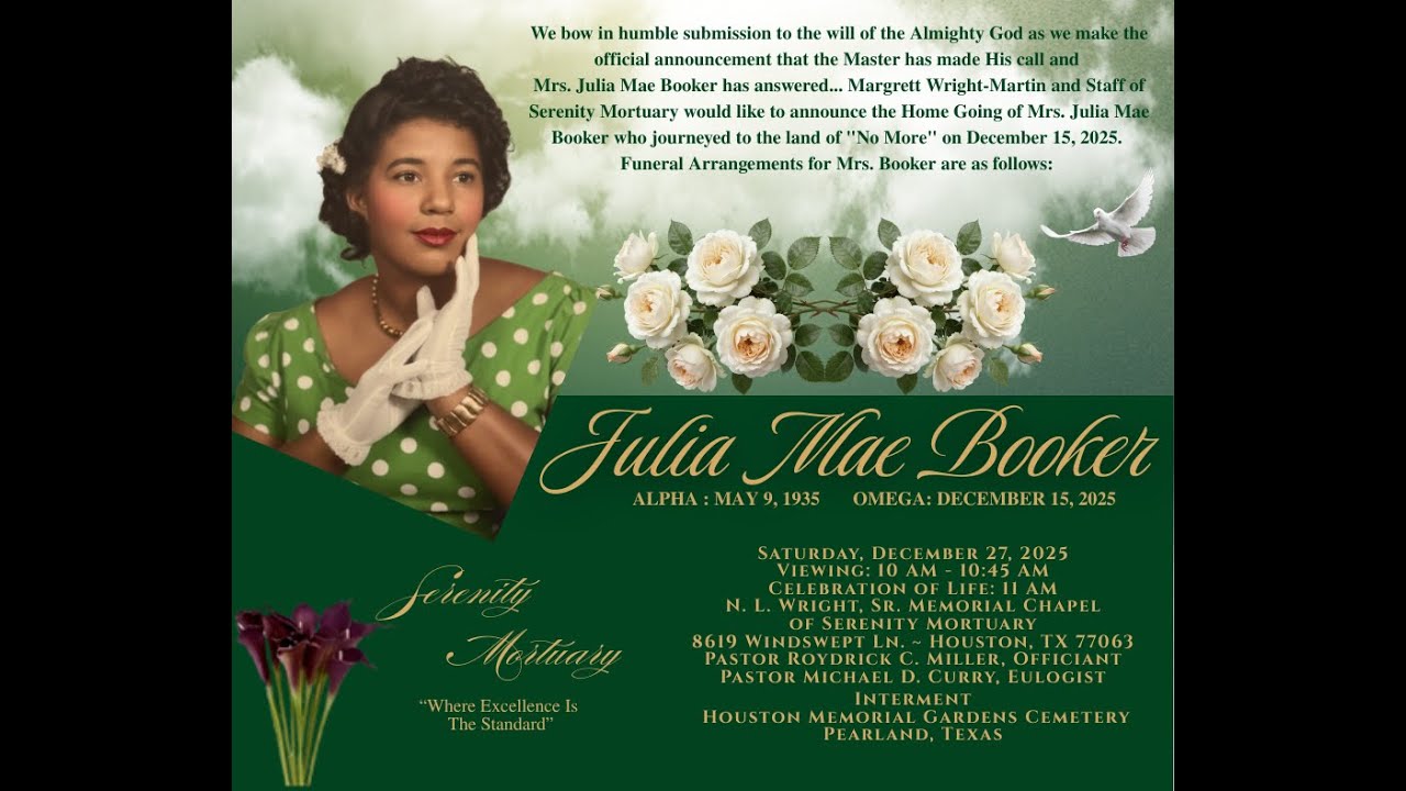 In Loving Memory of Mrs. Julia Mae Rodgers Booker - YouTube