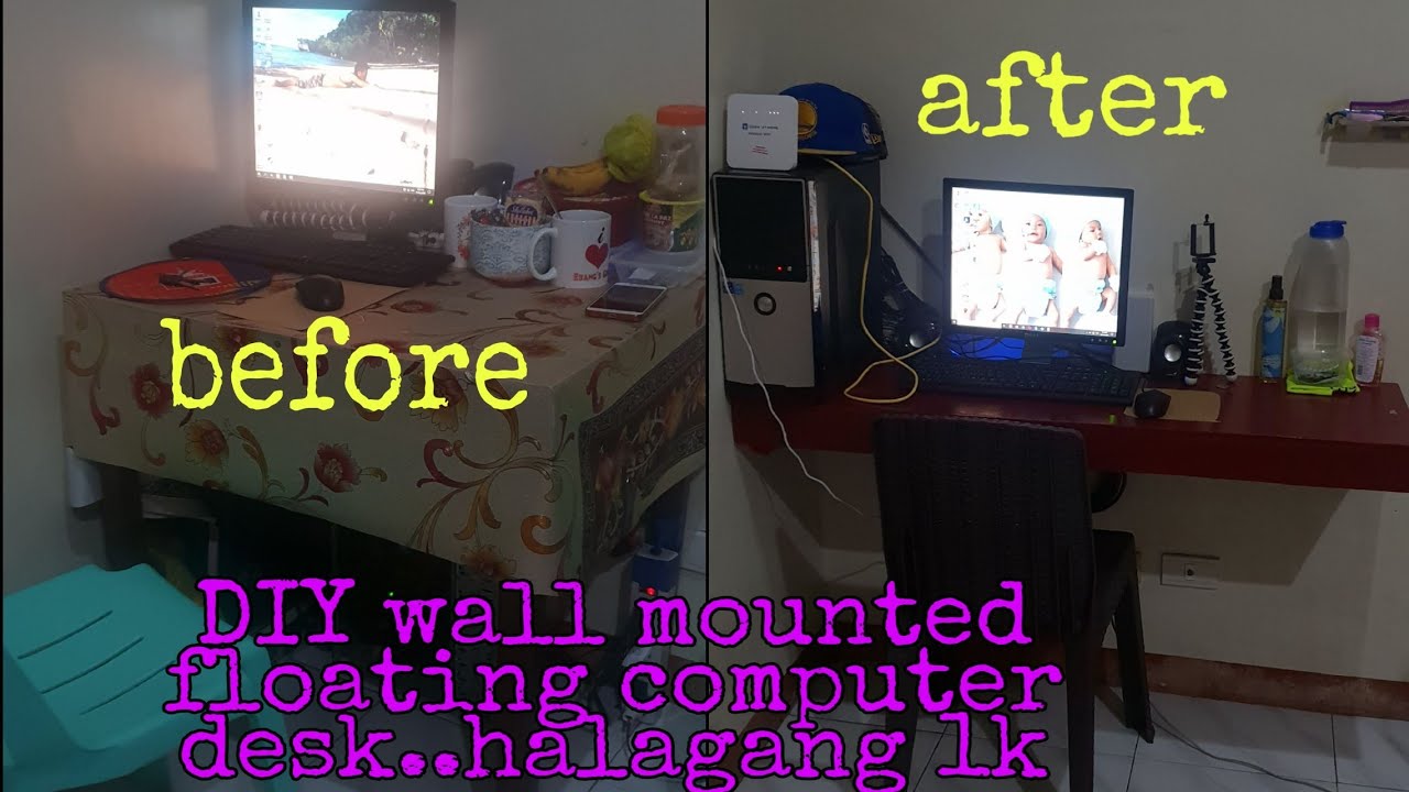 DIY wall mounted floating computer desk...halagang1k - YouTube
