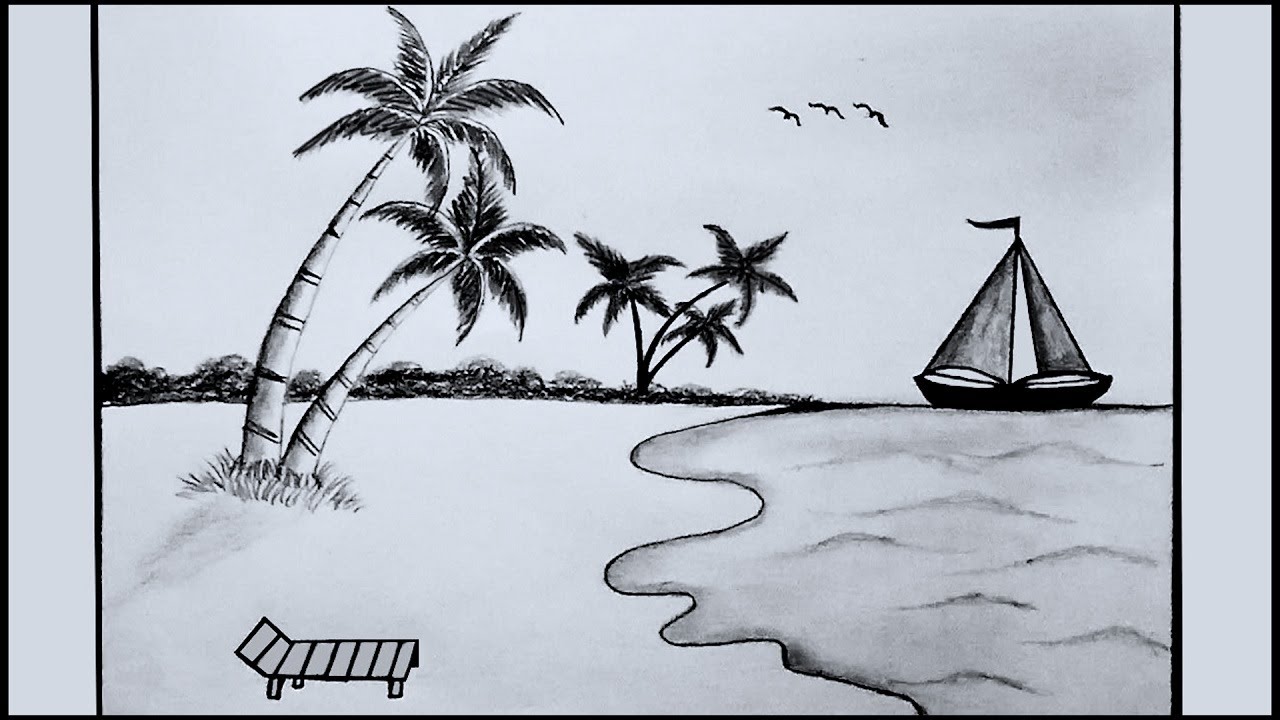 How to draw sea beach scenery with pencil sketch step by step.Easy ...