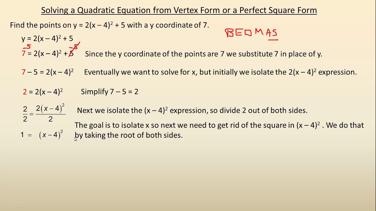 Solving a Quadratic Equation from Vertex Form or a Perfect Square Form ...