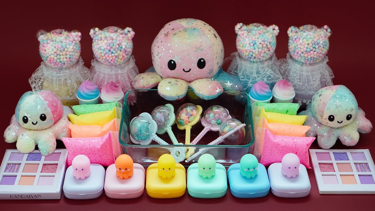 Mixing neon octopus Eyeshadow and Makeup into Slime! Satisfying Slime ...