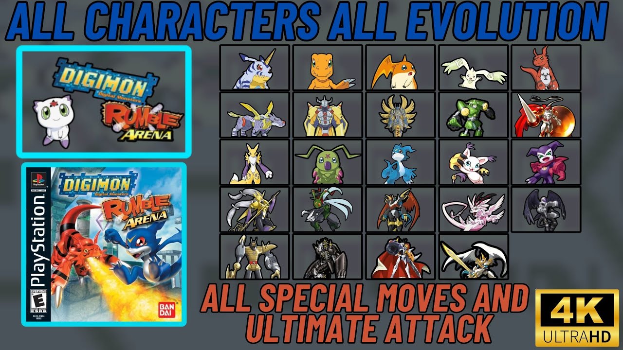 DIGIMON RUMBLE ARENA (PS1) - ALL CHARACTERS ALL EVOLUTION SPECIAL MOVES ...
