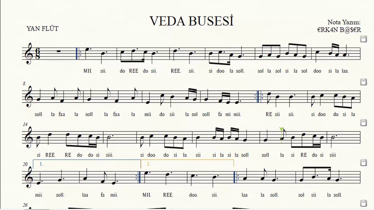 VEDA BUSESİ yan flüt NOTALARI eşlikli - YouTube