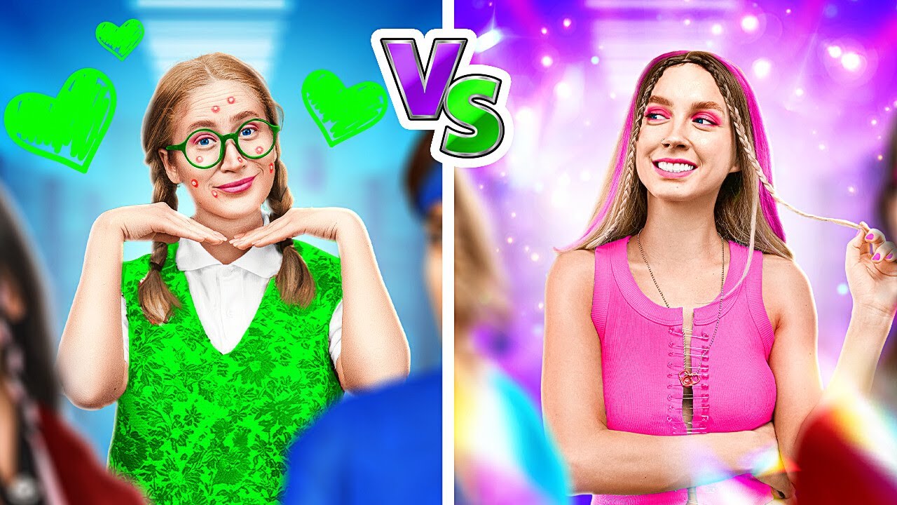 Extreme Makeover from Nerd to Popular Girl! Broke Clothing Hacks in a Rich College! - YouTube