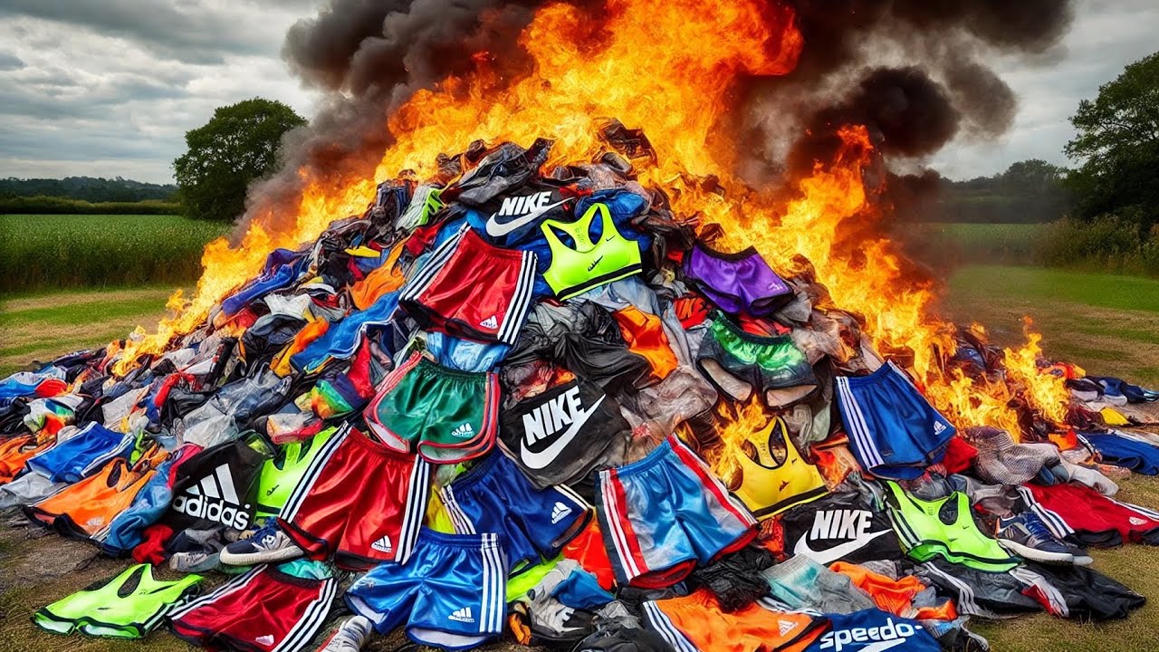Burning piles of Nylon Sport Clothes from Adidas Nike Speedo. Sport ...