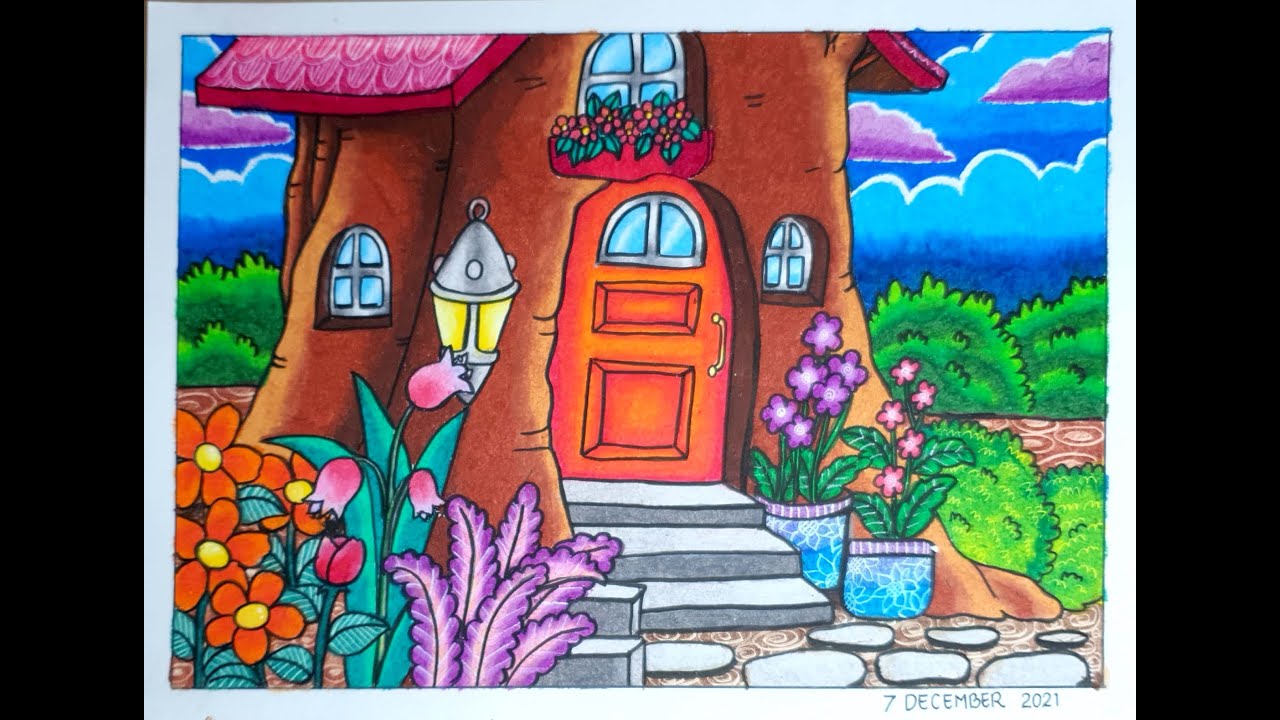 MENGGAMBAR RUMAH POHON - CARA GRADASI WARNA OILPASTEL EP 313 - YouTube