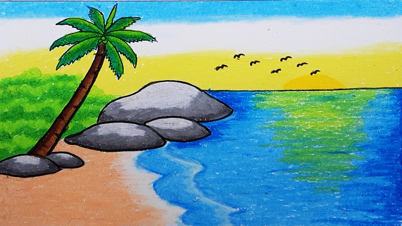 How To Draw Easy Sunset Scenery In The Beach With Oil Pastel - YouTube