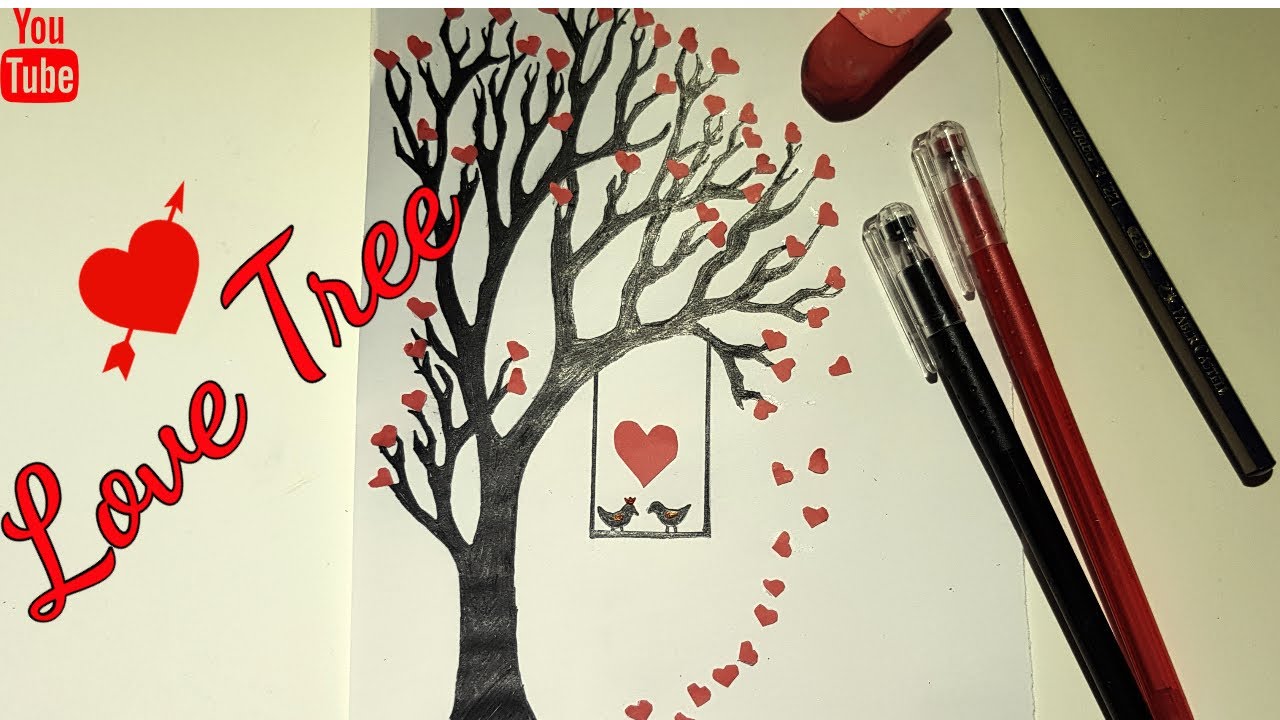 How to draw Romantic love tree || Romantic tree drawing - YouTube