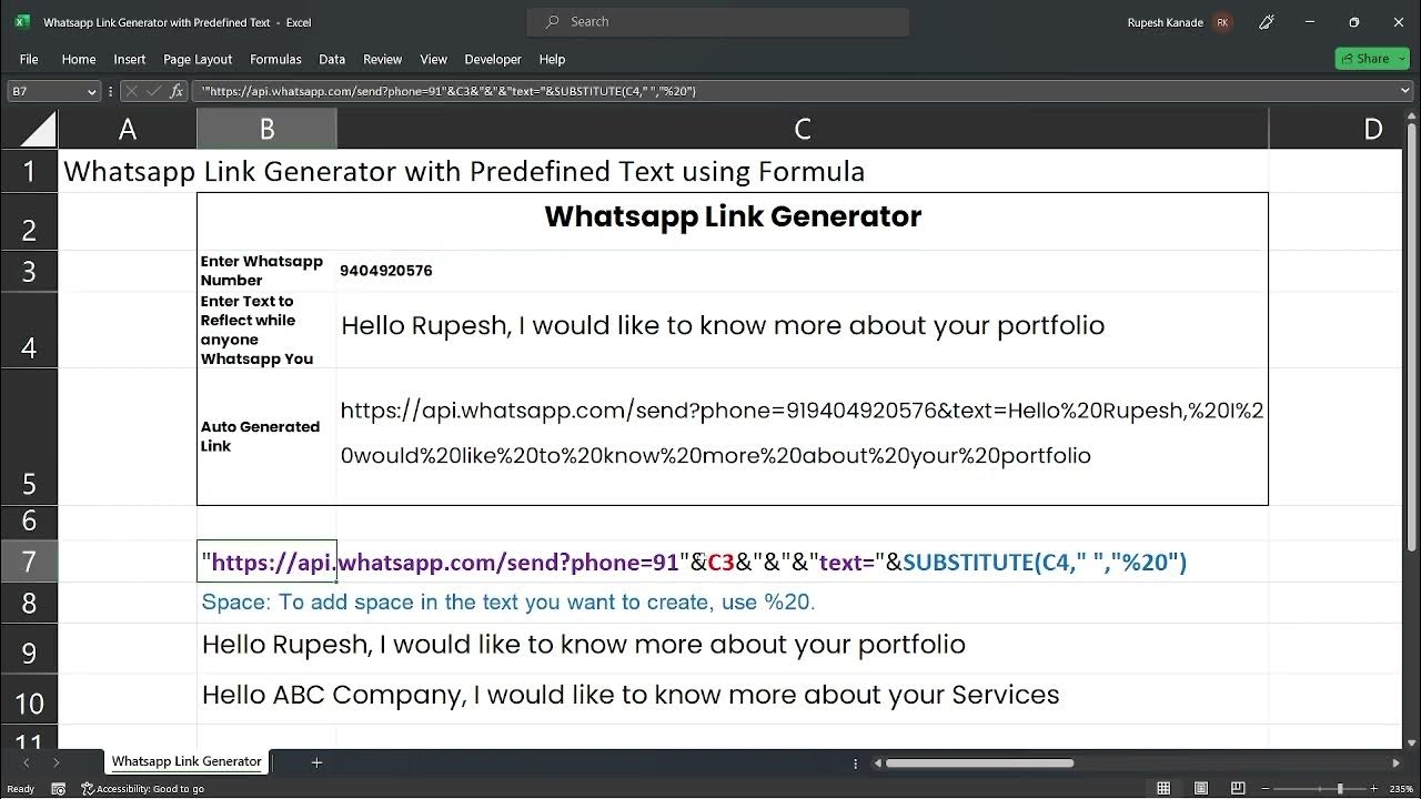 WhatsApp Link Generator with Predefined Text wit Excel Formula #exceltech #learning - YouTube