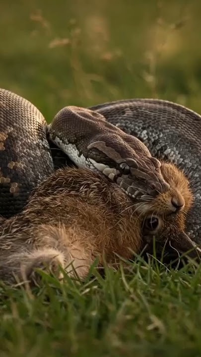 A large python in the wild is in the process of swallowing a hare. # ...
