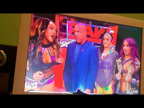 Raw: Kurt Angles,Bayley, Sahsa Bank, Alicia Fox, and Emma Backstage Segment