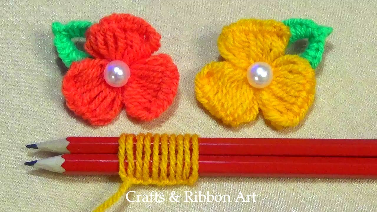 Easy Woolen Flower Making Ideas With Pencil Hand Embroidery Amazing Trick DIY Yarn Flowers easy-woolen-flower-making-ideas-with-pencil-hand-embroidery-amazing-trick-diy-yarn-flowers