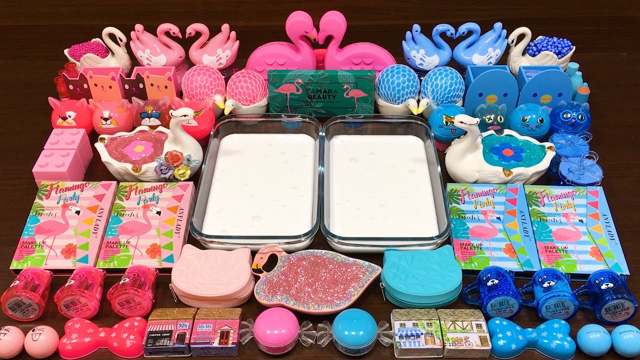 Series FLAMINGO PINK vs BLUE ! Mixing Random Things into GLOSSY Slime ...