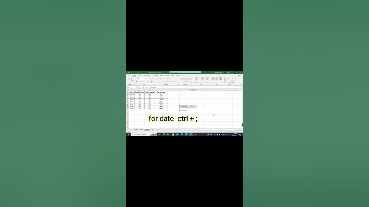 Time In Excel Date In Excel Short Cut Excellearn Windowtech Exceltech Youtube