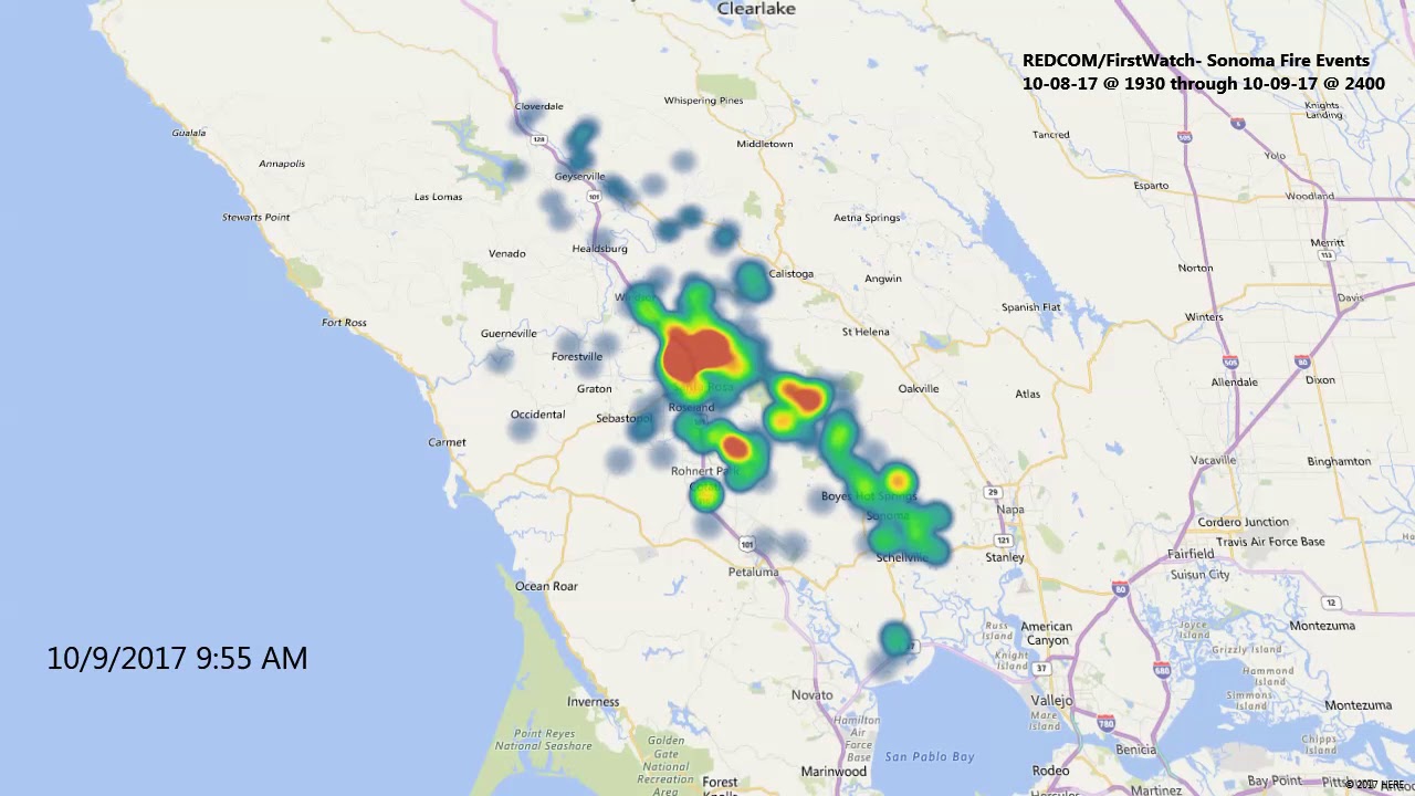 Heatmap of 911 calls during Sonoma County fires - YouTube