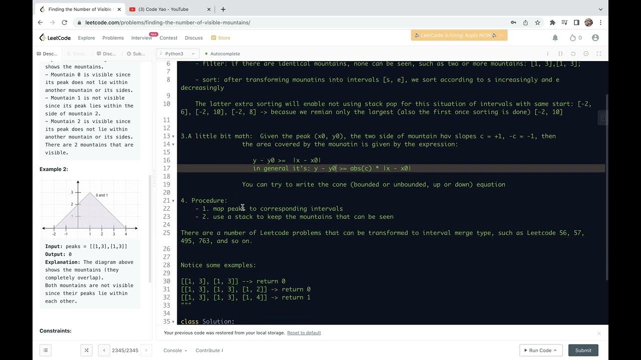 Leetcode 2345. Finding the Number of Visible Mountains - filter + sort + stack - YouTube