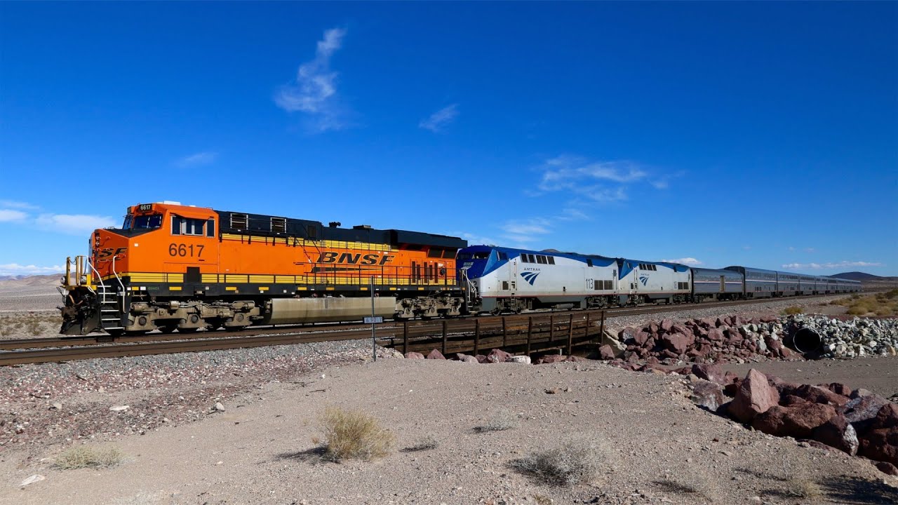 BNSF 6617 Leads Amtrak Southwest Chief across Needles Sub - YouTube