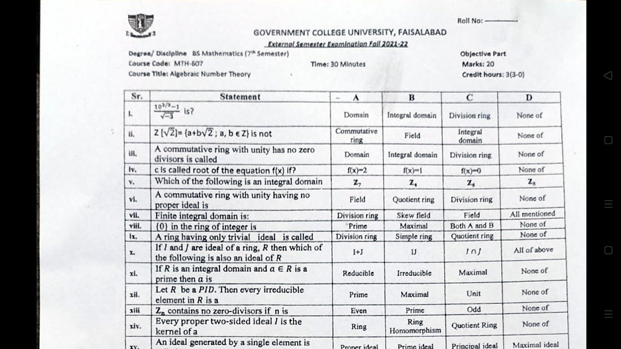 BS Mathematics 7th semester MCQs and Subjective papers | Math GCUF ...