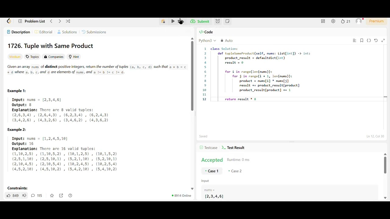 leetcode solution using python leetcode number 1726 Tuple with same product - YouTube
