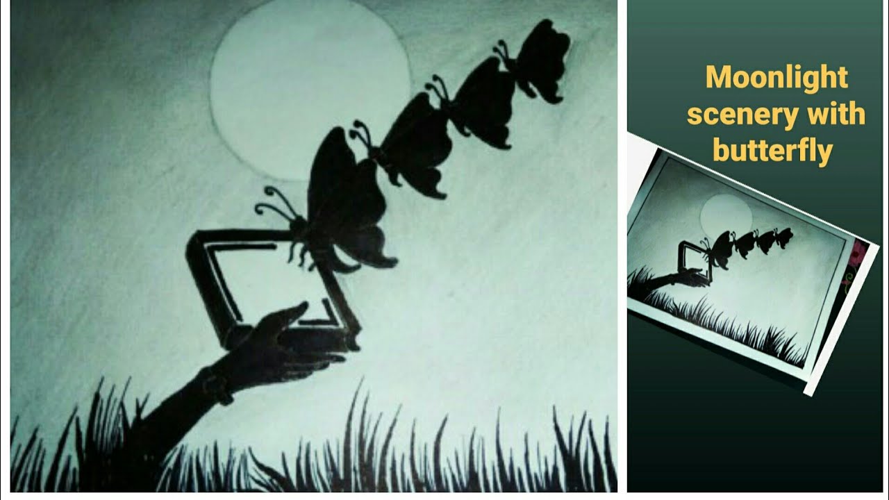 Draw a moonlight scenery with butterfly easily. - YouTube