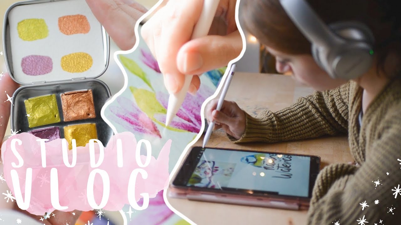 STUDIO VLOG Procreate watercolor, new paints, packing sticker orders ...