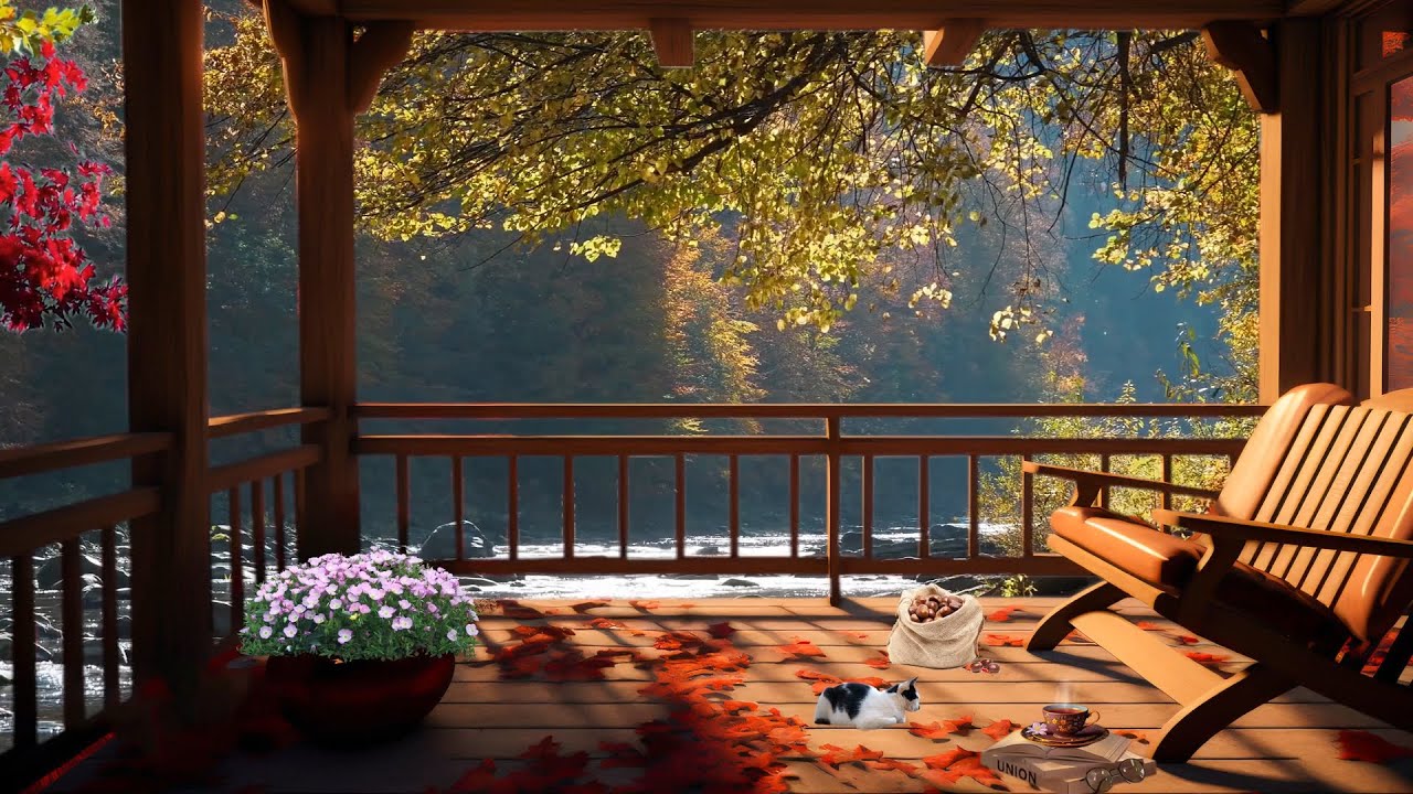 Autumn Cozy Porch in Forest by the Lake Ambience with Falling Leaves ...