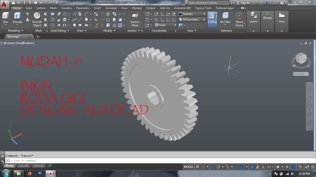 autocad 3d -roda gigi lurus - YouTube