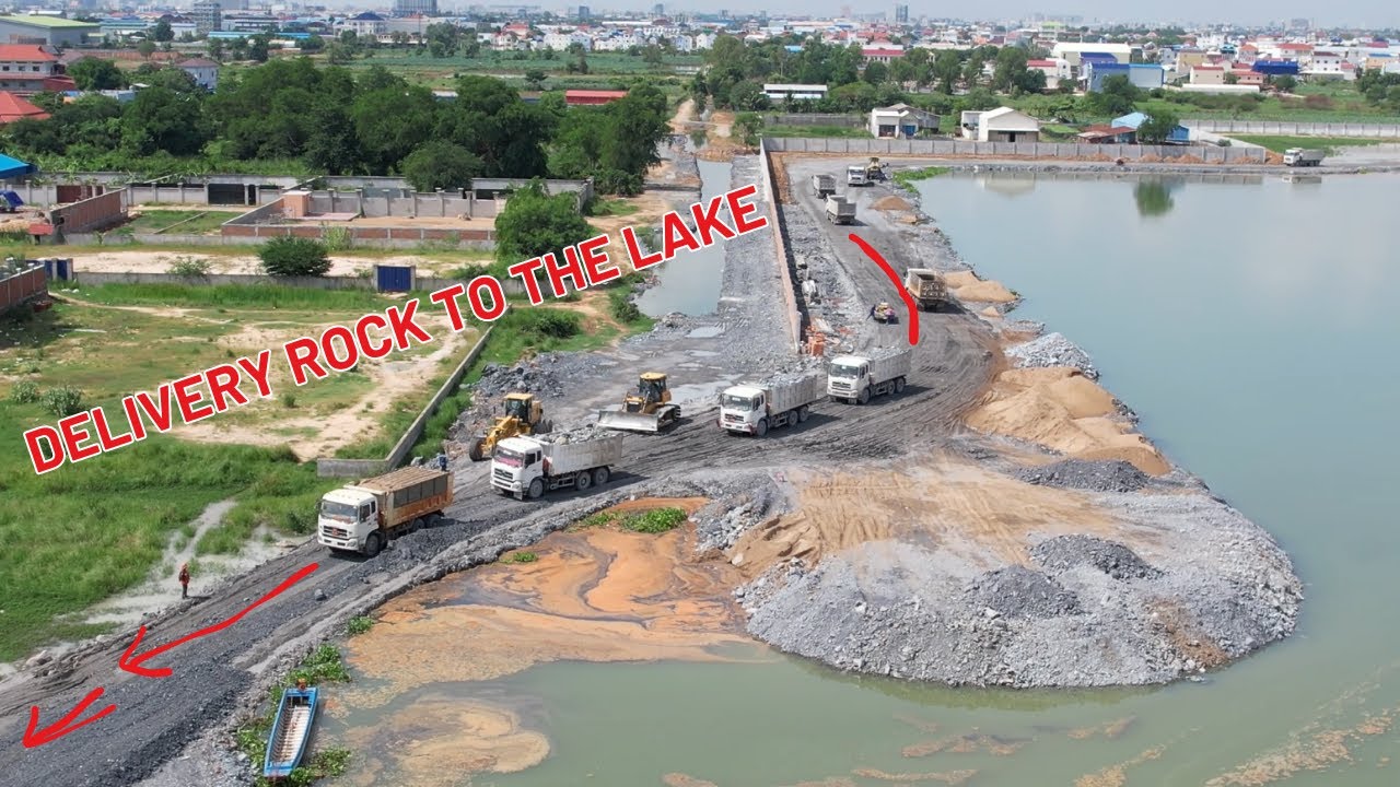 Dump Truck Delivery Rock with Bulldozer and Wheel Loader Push rock in ...