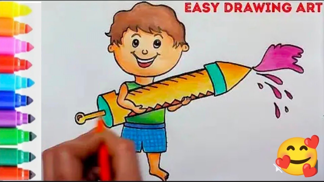 Cute pichkari drawing , painting and coloring 4 kids / How to make a ...
