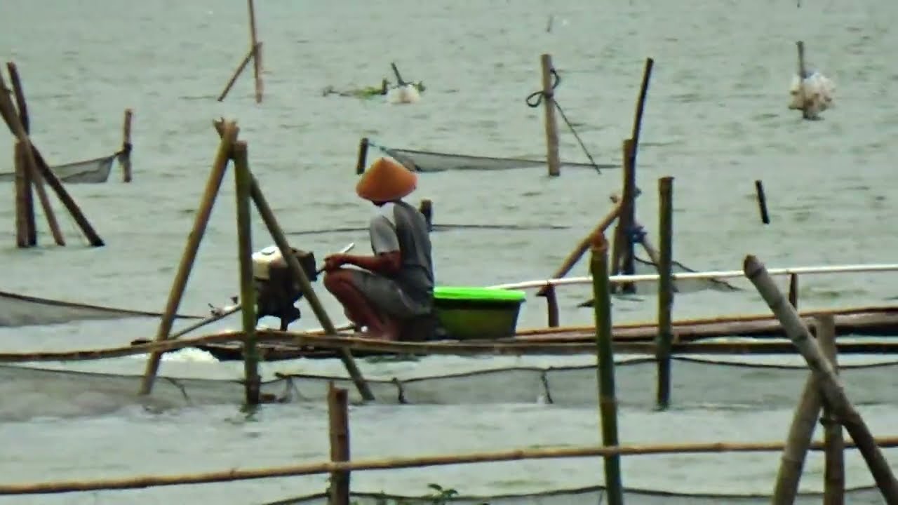 Nelayan keramba naik rakit yang terbuat dari bambu dengan mesin tunggal ...