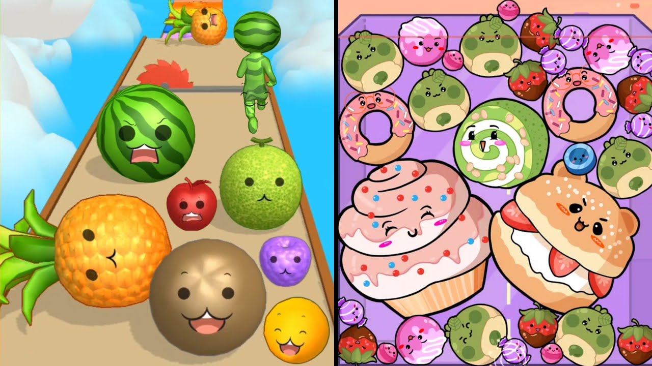Watermelon Run 3D vs Cake Merge 3D - ASMR Gameplay (Fruits Evolution, Level Up Suika Balls 2048 ...