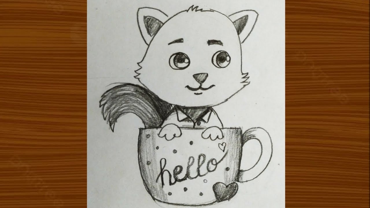 How to draw cute baby kitten a cup step by step pencil drawing, Hello ...