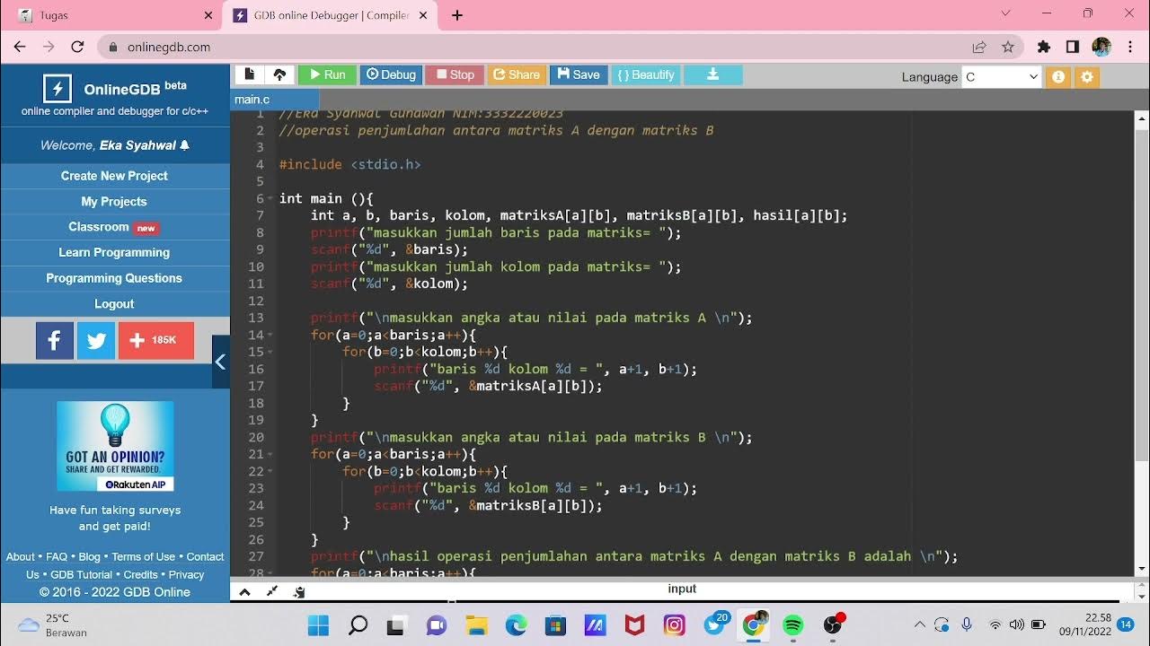 operasi penjumlahan dari matrik A(mxn) dan matrik B(mxn) || array bahasa c - YouTube