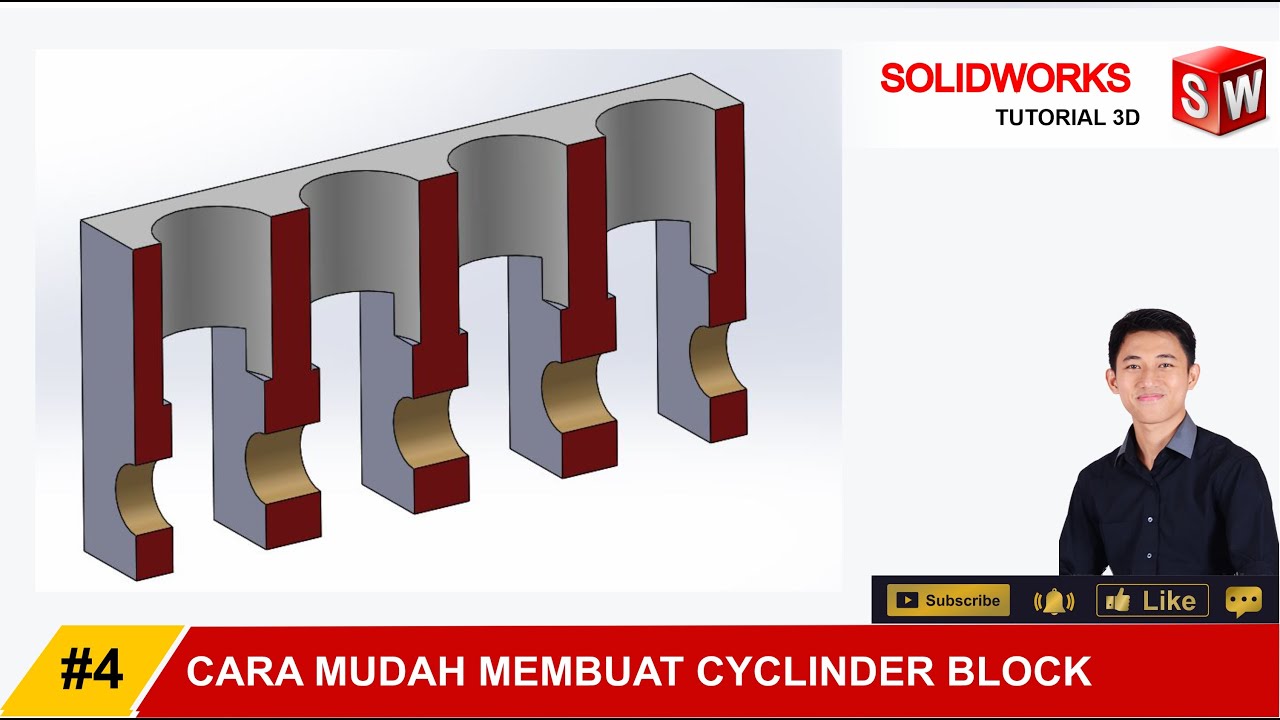 SOLIDWORKS | #4 CARA MEMBUAT CYLINDER BLOCK | LATIHAN 3D | HOW TO ...