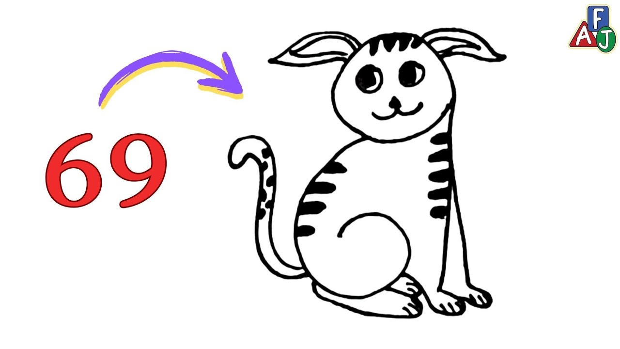 Cat Drawing From Number 69 | Cute Cat Drawing For Kids - YouTube
