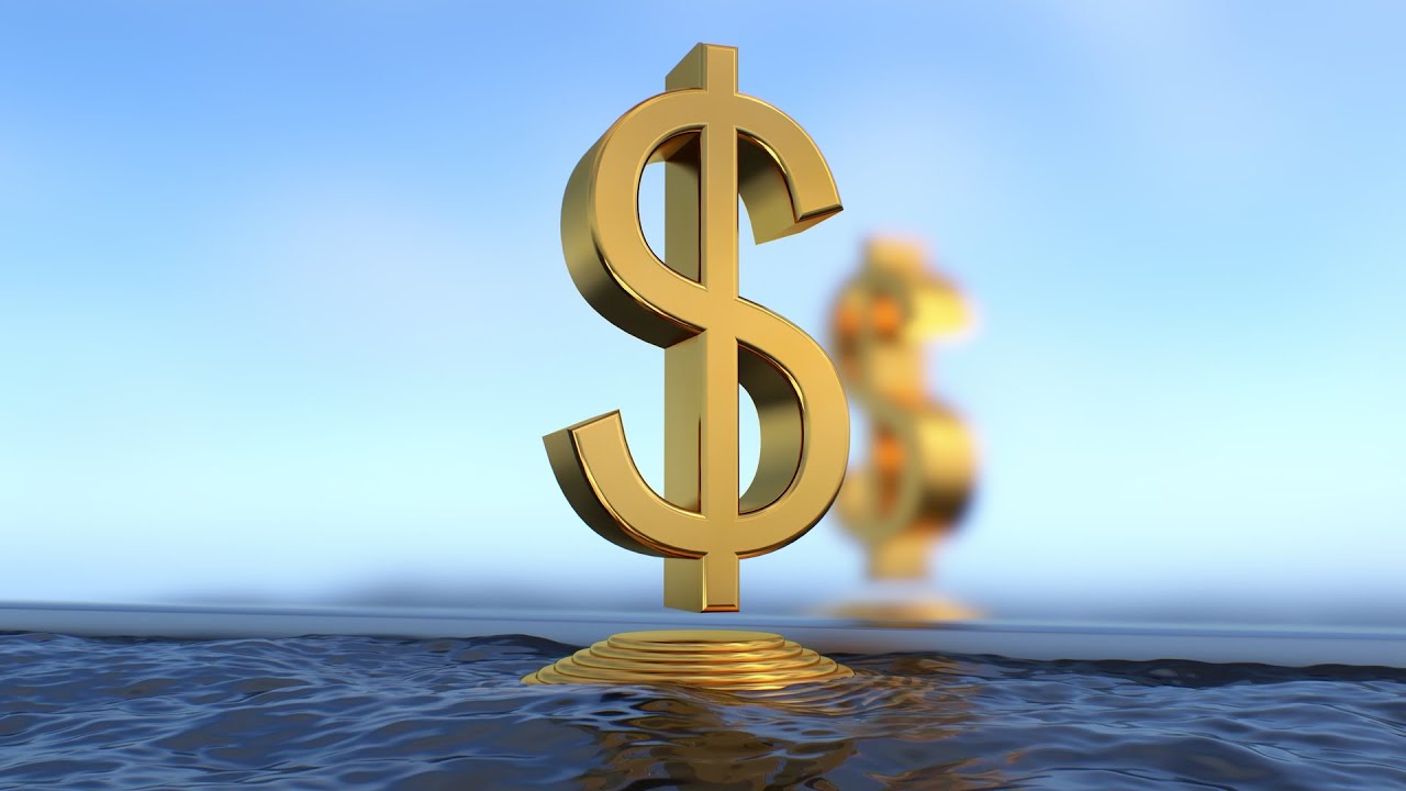 Abstract Shiny Golden Metallic Dollar Sign Floating Above Ocean Water ...