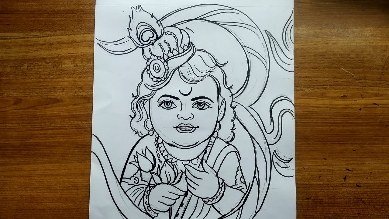 very easy line art bal krishna,krishna thakur drawing,how to draw bal ...