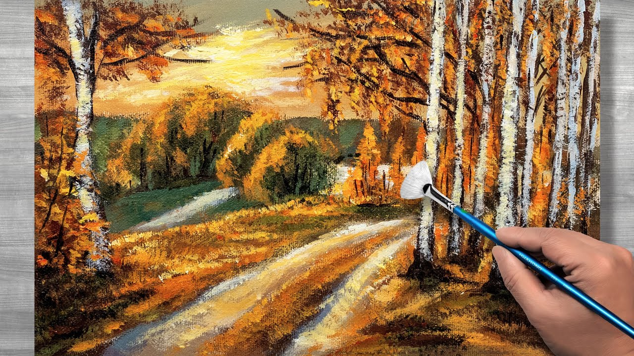 Fall acrylic painting tutorial beginner |Daily art #130 |Autumn sunset ...