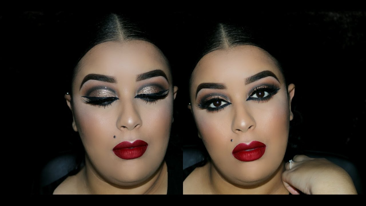 Gold Glitter Cut Crease & Red Lips | Rana Morena - YouTube