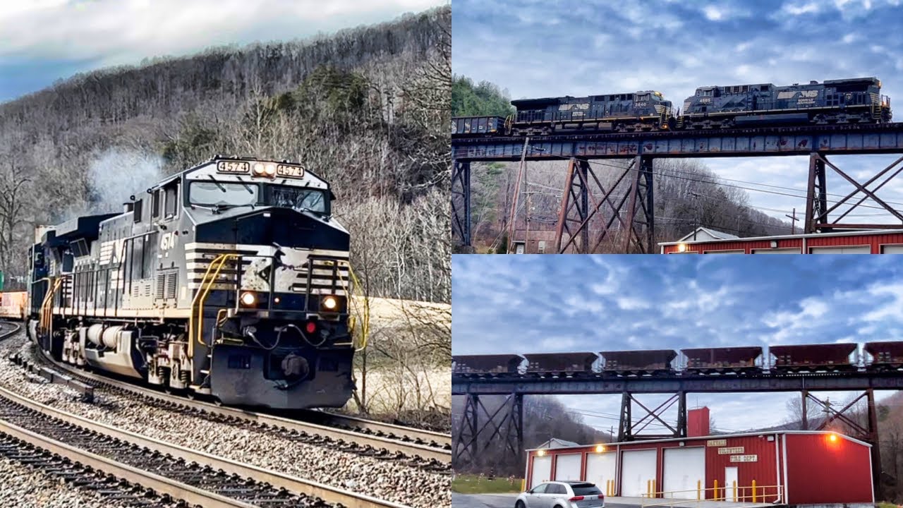 Rare train crosses tall trestle long hood forward, intermodal slithers ...