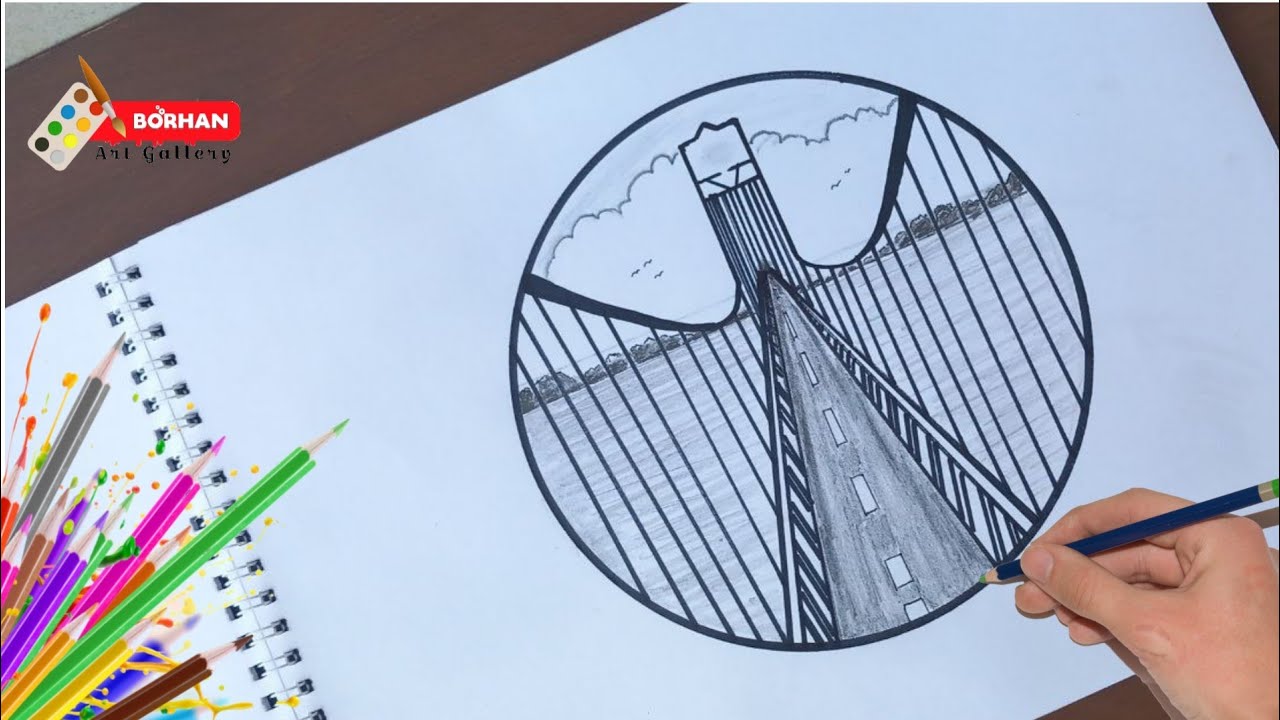 How to draw a bridge scenery in circle shape | Bridge scenery sketch ...
