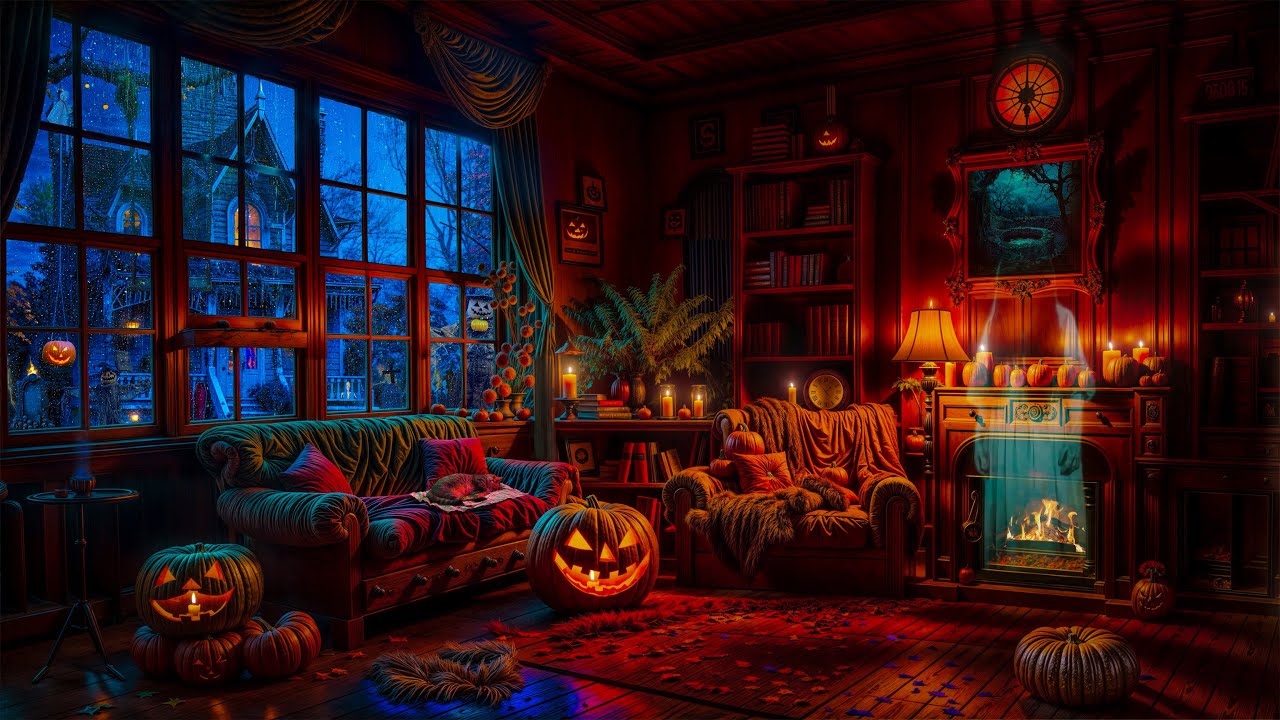 Cozy Haunted House Halloween Ambience with Relaxing Crackling Fireplace ...